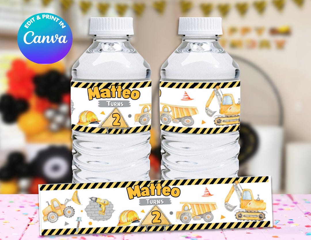 CONSTRUCTION Water Bottles Template, Edit Yourself in CANVA. Party Kit ...