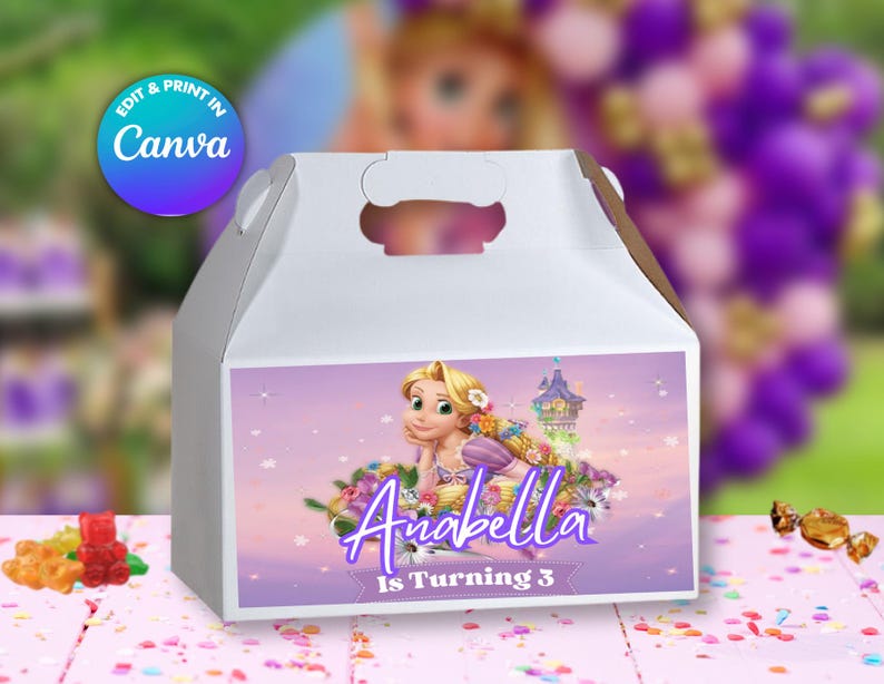 Tangled Rapunzel Gable Box Template, Edit Yourself in CANVA. Party Kit ...