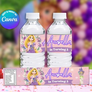 Tangled Rapunzel Water Bottles Template, Edit Yourself in CANVA. Party ...