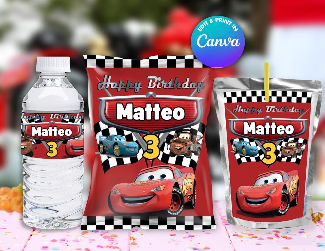 BUNDLE CARS Chips Bag, Juice Labels, Water Bottle Labels, Edit Yourself ...
