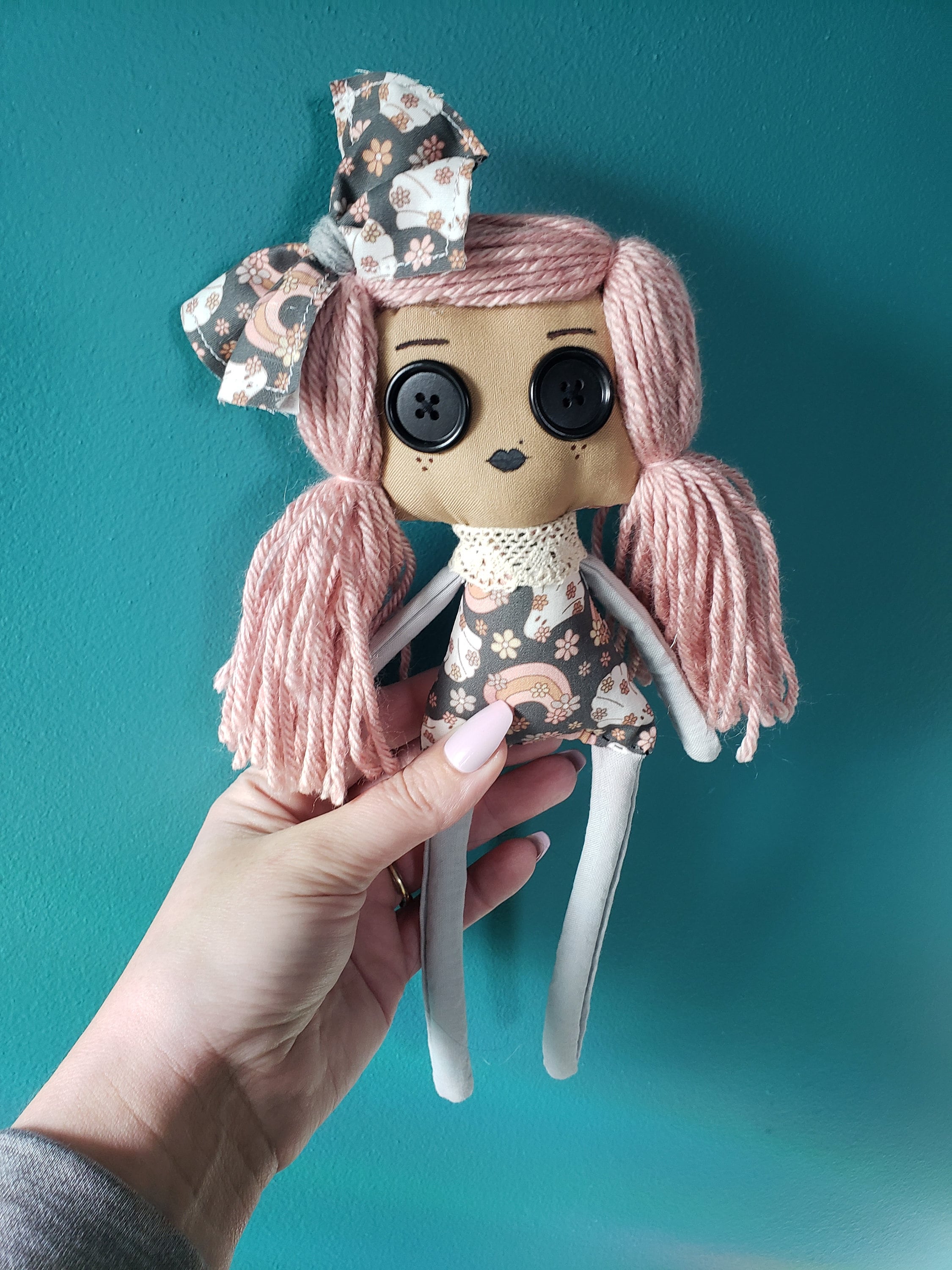 Rainbow Ghost Ragdoll: Pink Yarn Hair, Button Eyes, Spooky Art Doll - Etsy