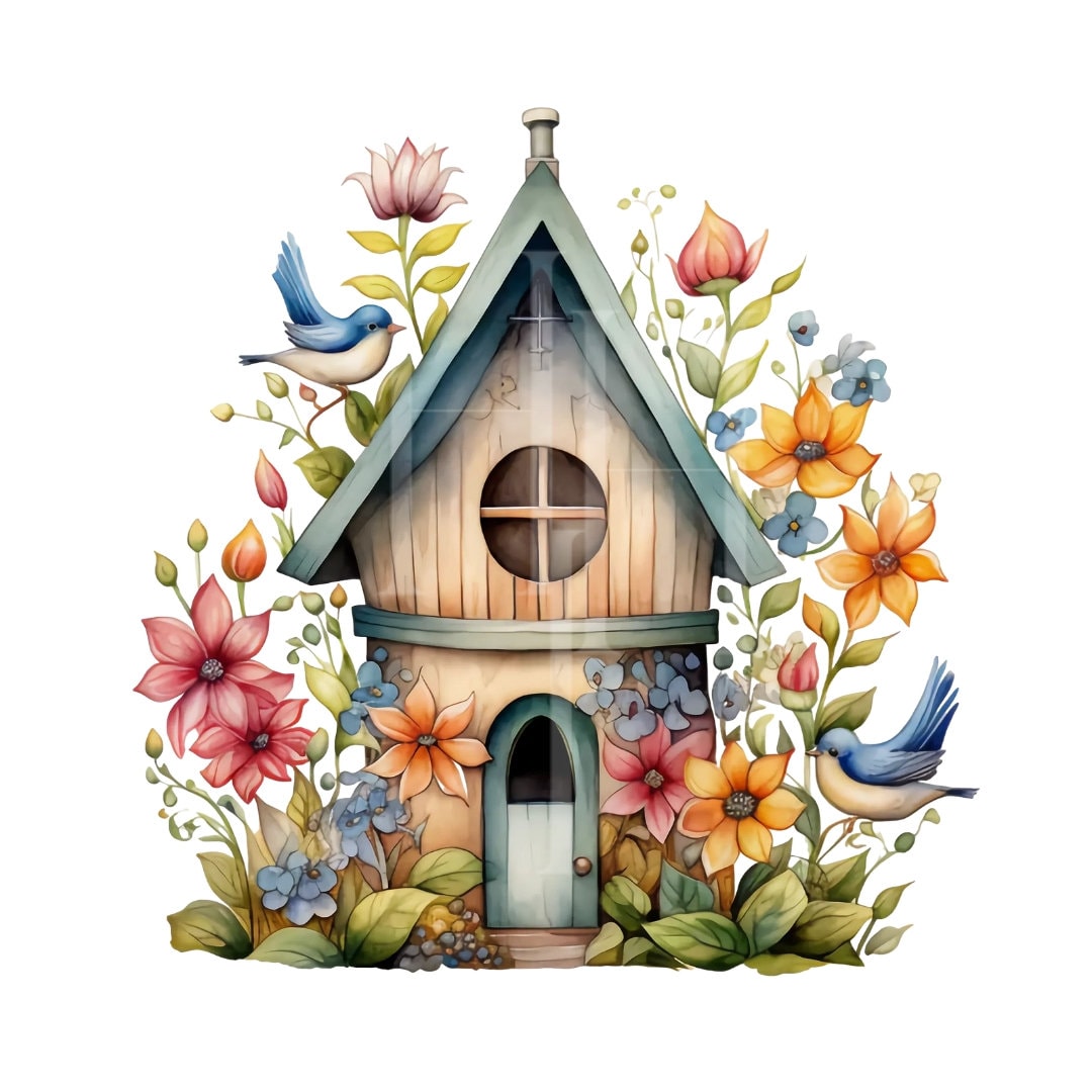 5 Bird Houses Clipart, Cute Springtime Birdhouses and Blossoms, PNG ...
