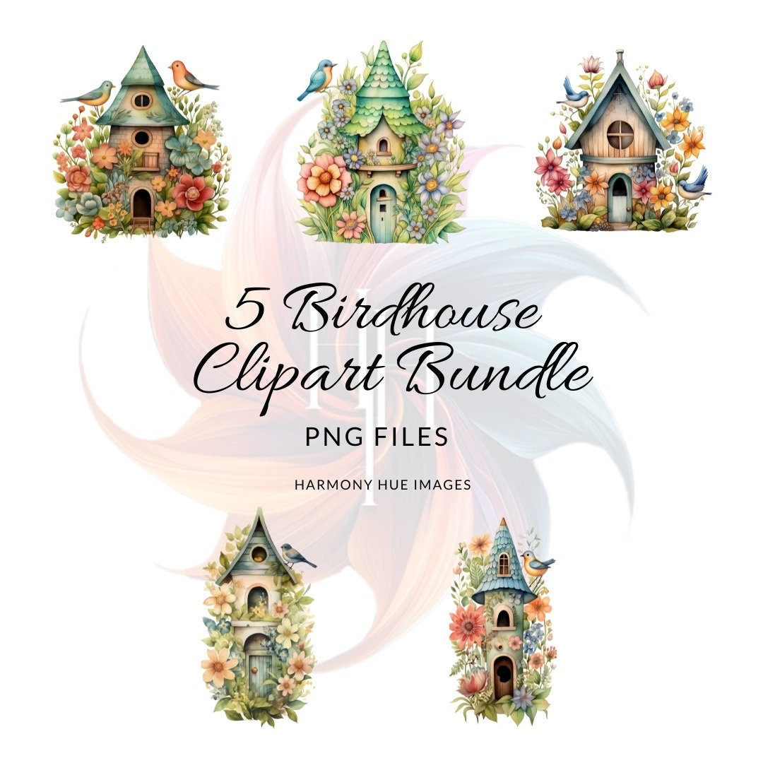 5 Bird Houses Clipart, Cute Springtime Birdhouses and Blossoms, PNG ...