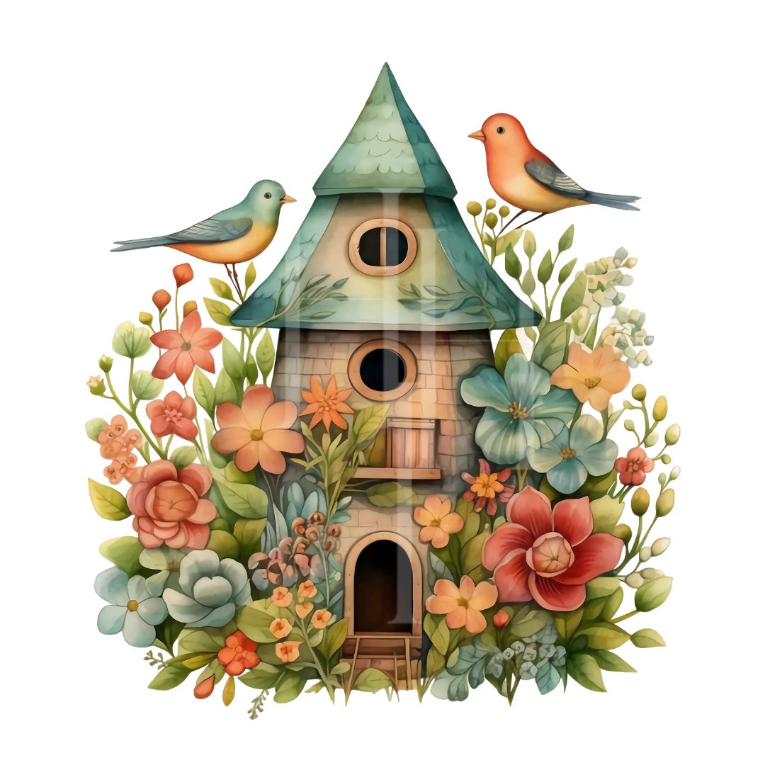 5 Bird Houses Clipart, Cute Springtime Birdhouses and Blossoms, PNG ...