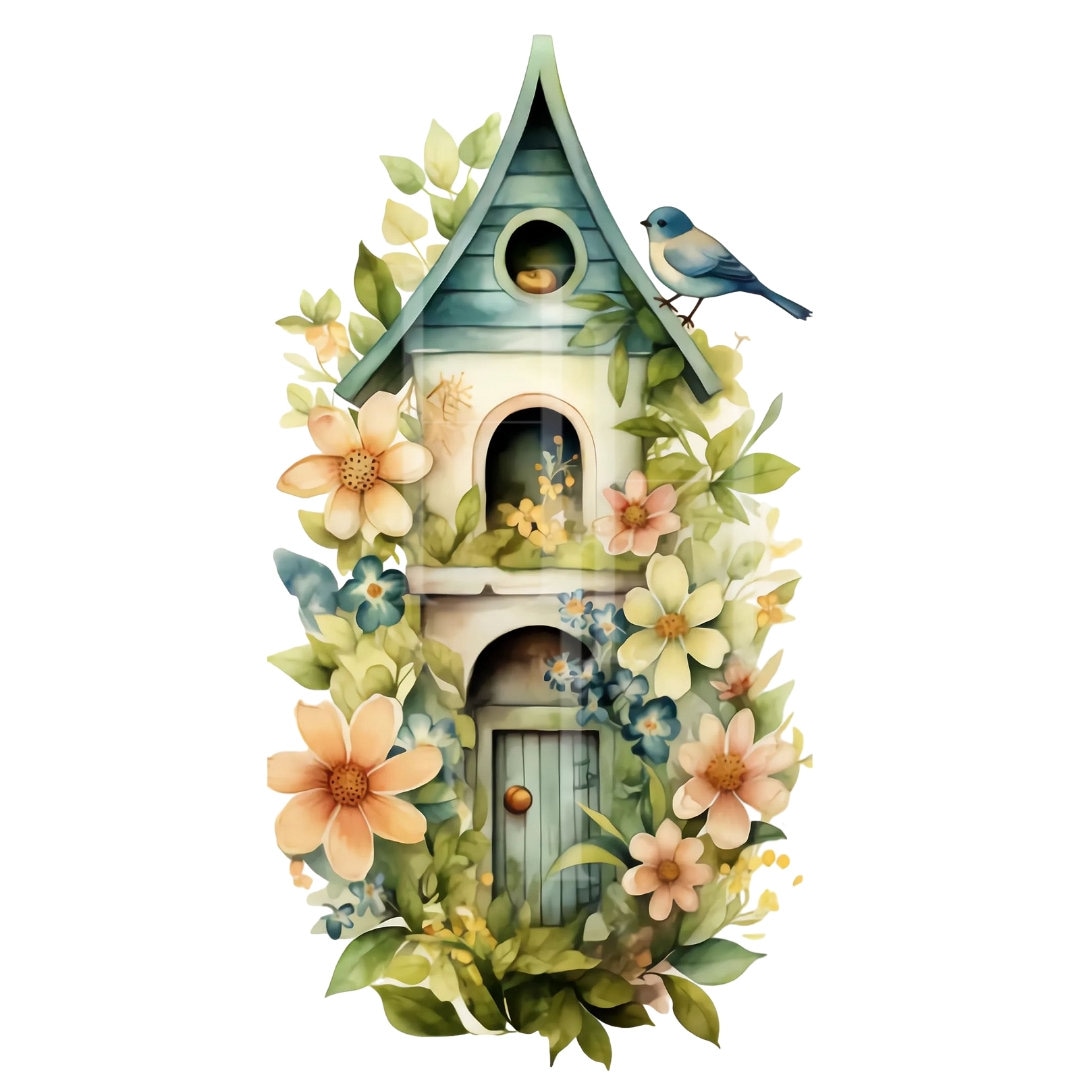 5 Bird Houses Clipart, Cute Springtime Birdhouses and Blossoms, PNG ...