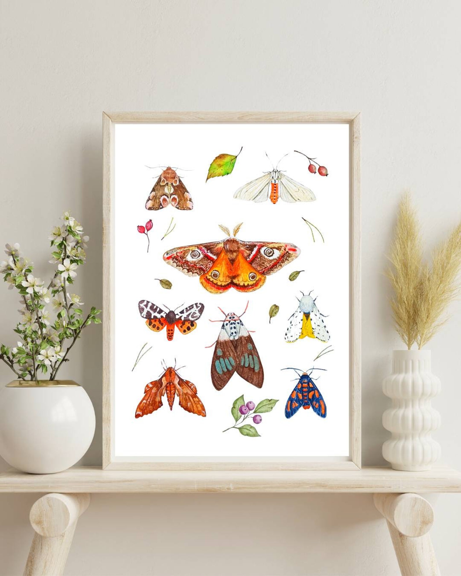 Moth Art Print Botanical Watercolor Moths and Berries - Etsy