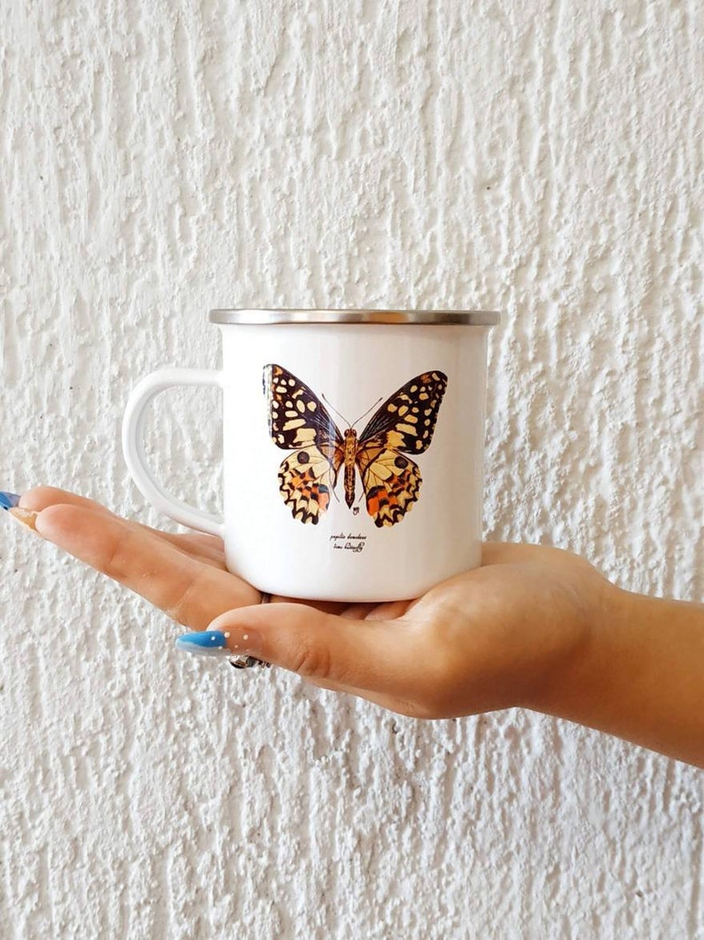 Enamel Mug With Butterfly Illustration Vintage Style Metal - Etsy