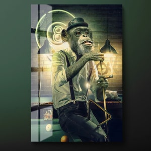 Monkey Pool Player Tempered Glass Wall Art: Surreal Animal Decor ...