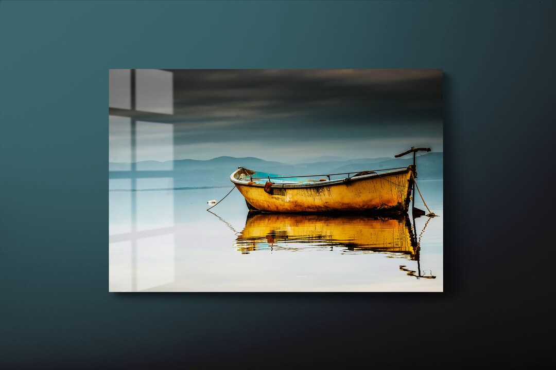 Coastal Boat Tempered Glass Wall Art, Yellow Boat Glass Wall Decor, Sea ...