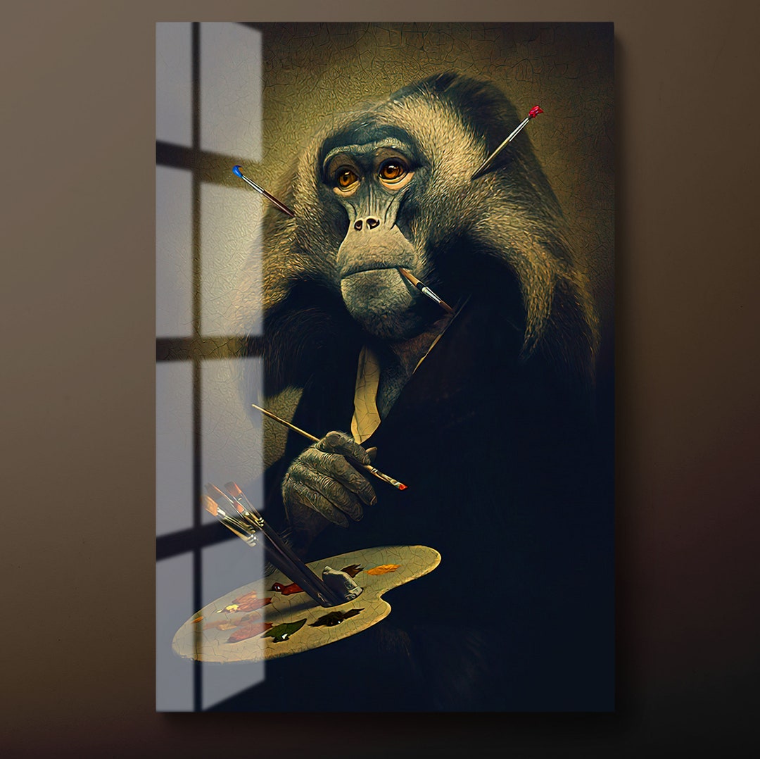 Artist Monkey Tempered Glass Wall Art: Painter Chimpanzee Decor ...