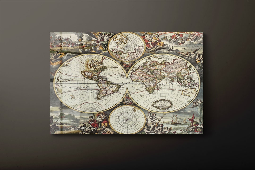 Vintage World Map Tempered Glass Wall Art: Ready to Hang- Delivery Duty ...