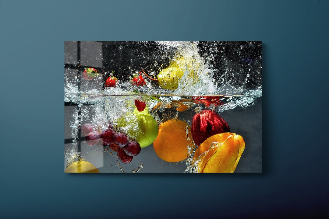 Fruits Water Splash Tempered Glass Wall Art, Vegetables Splashing in ...