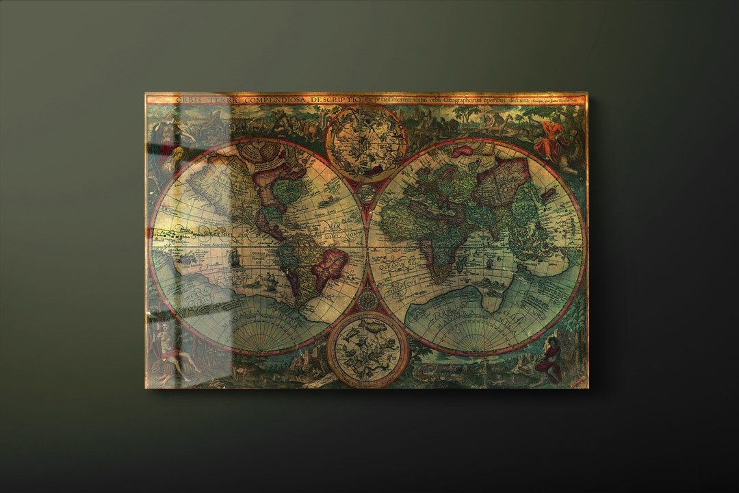 Vintage World Map Tempered Glass Wall Art, Vintage Map of the World ...