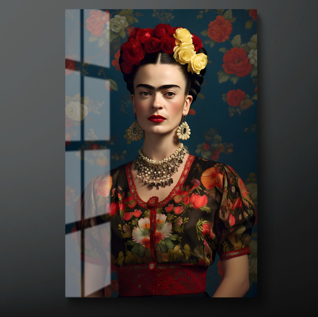 Frida Kahlo Tempered Glass Wall Art, Frida Kahlo and Flowers Glass Wall ...