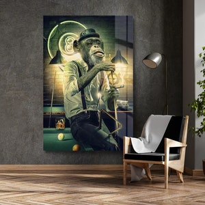 Monkey Pool Player Tempered Glass Wall Art: Surreal Animal Decor ...