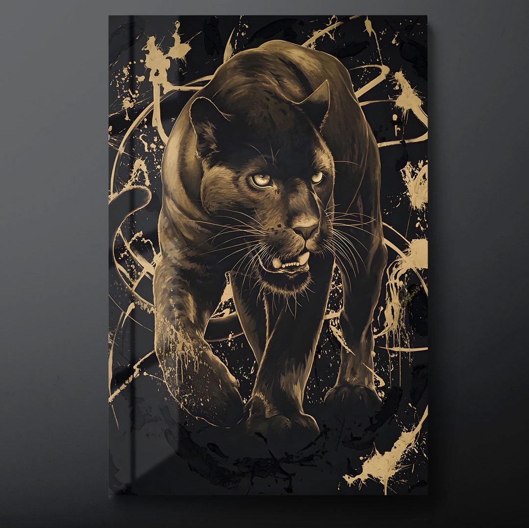 Black Gold Puma Tempered Glass Wall Art, Gold Animal Painting Glass ...