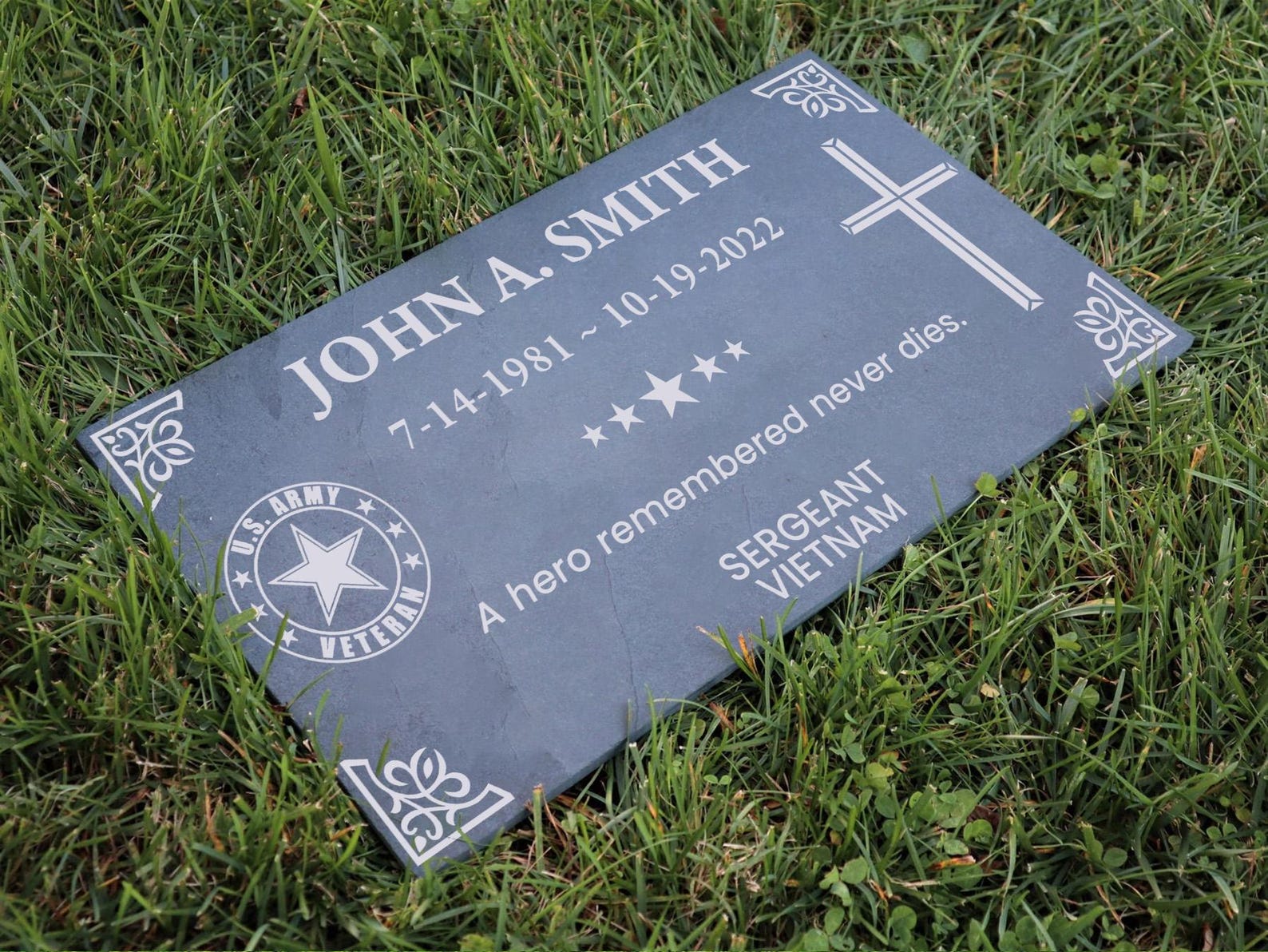 Customized Gray Slate Grave Marker for Army, Navy, Air Force, Marines ...