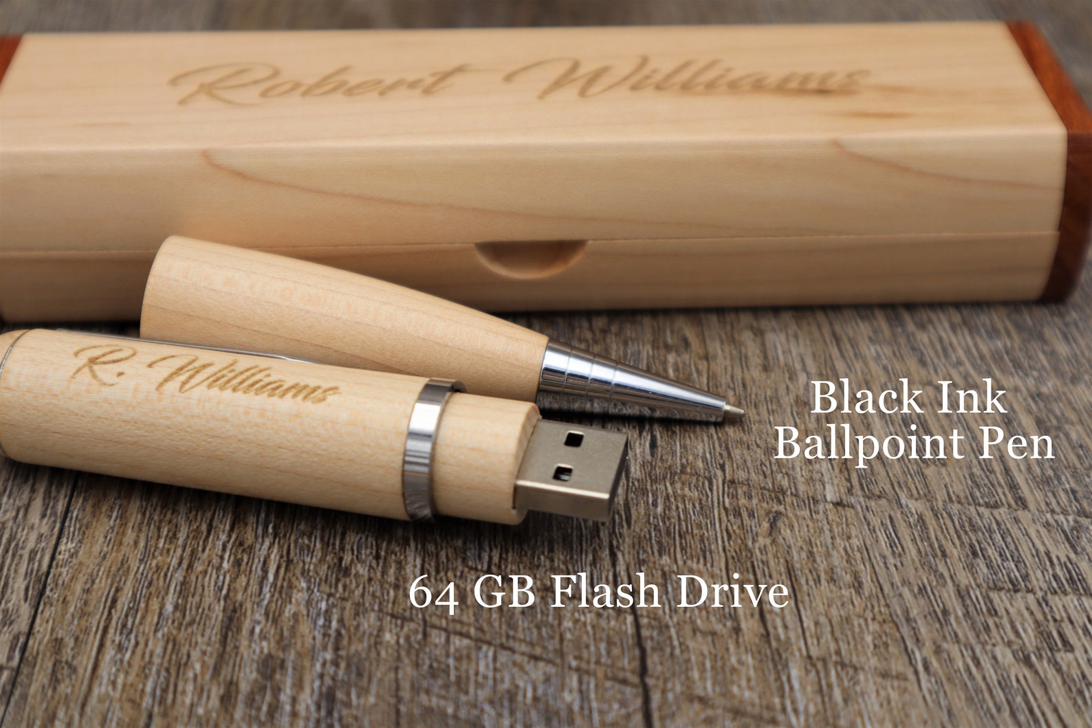 Handmade Wood USB Drive Pen Set With Case, Personalized Pen, Engraved ...