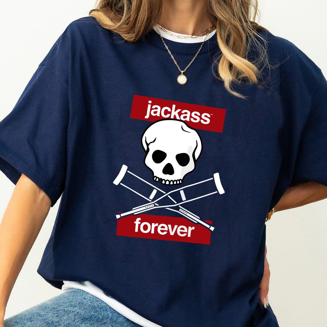 Jackass Forever Red Skull and Crutches Warning Logo Raglan Basebal Logo FE1344 Holiday Trip ...