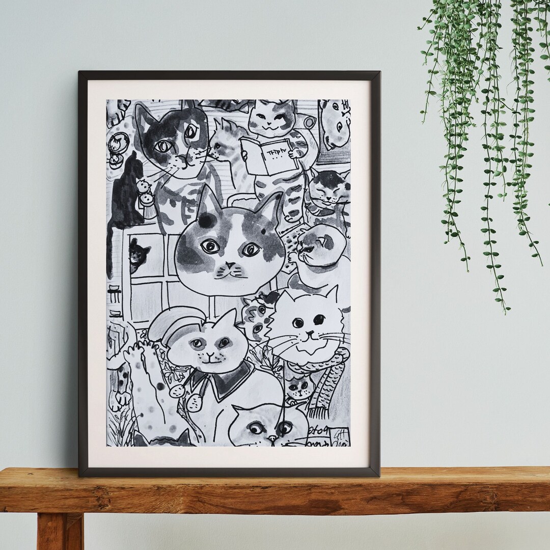Hand Drawn Cat Art Ink Illustration, Quirky Cat Art Printable for Wall ...
