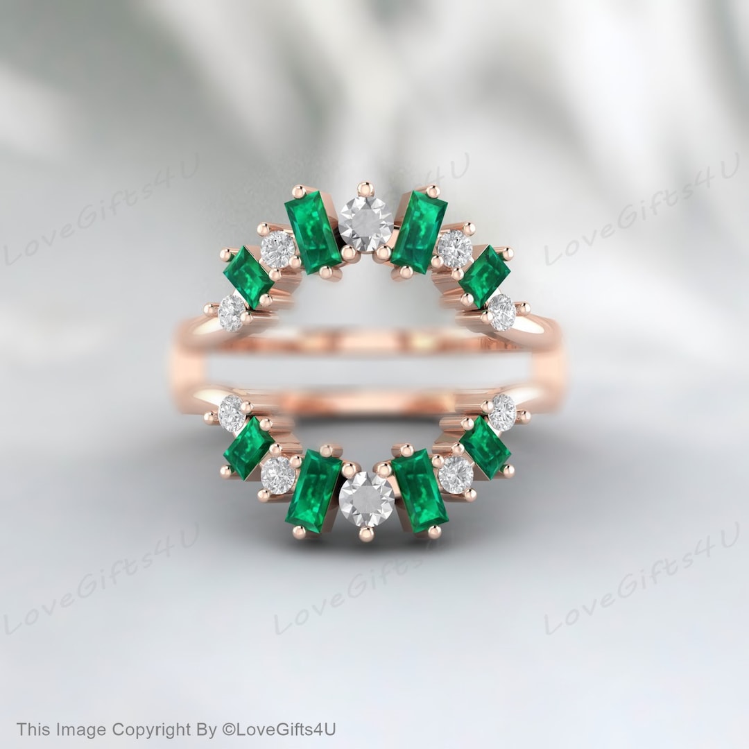 2.00 Ct Green Emerald Baguette & Round Simulated Diamond Enhancer Wrap ...