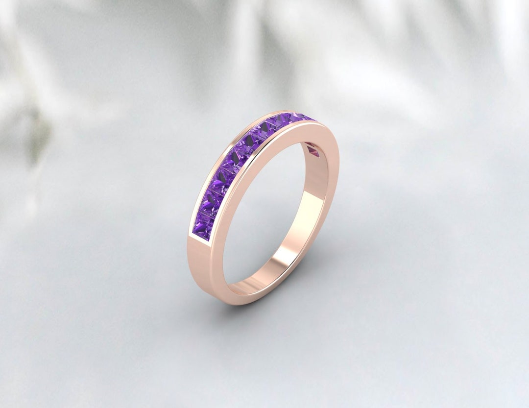 Purple Amethyst Band, 14k Rose Gold Ring, February Birthstone, Princess ...