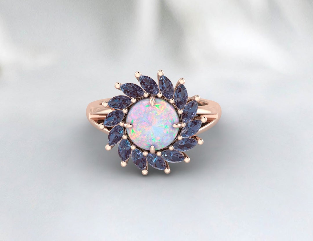Round Opal & Alexandrite Ring - 14k Gold Filled Vintage Wedding Band ...