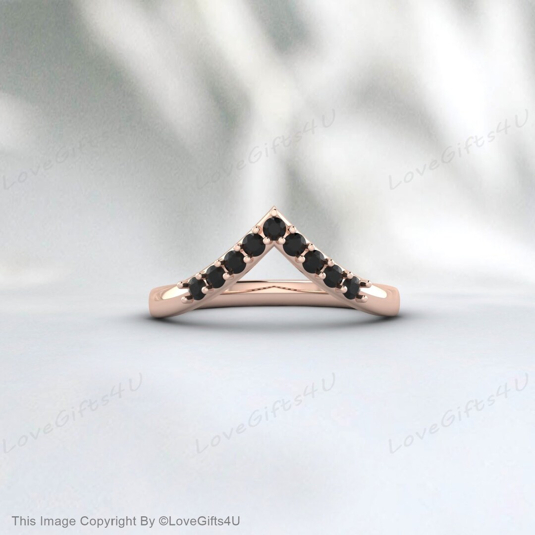 Rose Gold V-shaped Black Onyx Wedding Band - Dainty Curved Ring for Women - Half Eternity ...