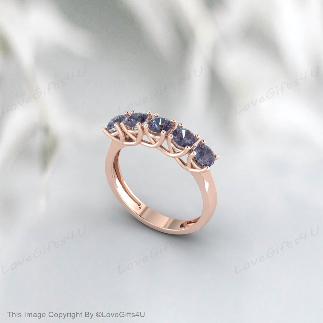Natural Color Change Alexandrite 5 Stone Ring Anniversary Band Real ...