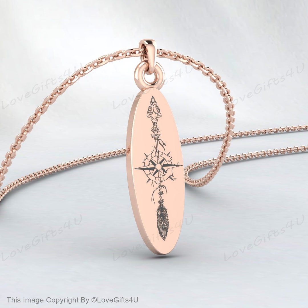 Arrow & Compass Engraved Pendant, Gold Arrow Necklace, Sideways Arrow ...