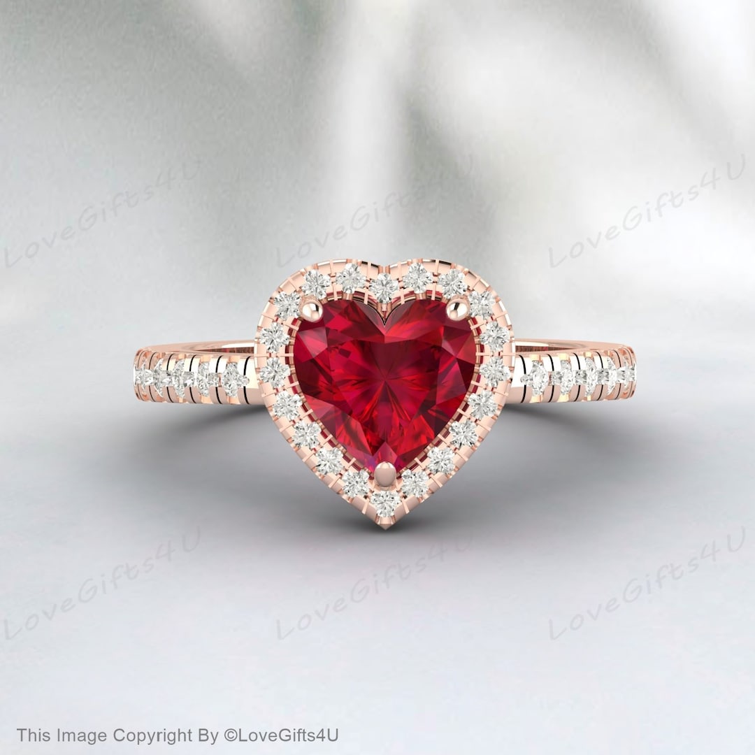 Heart Shaped Ruby Engagement Ring Rose Gold Ring Vintage Milgrain ...