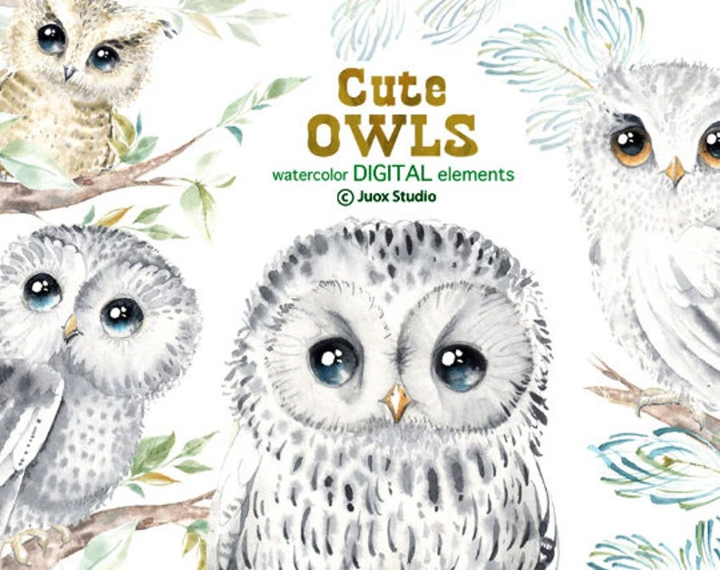 Cute Owls Clipart, Watercolor Owl, Snow, Watercolor Clipart, Holiday Invitation Greetings Card ...