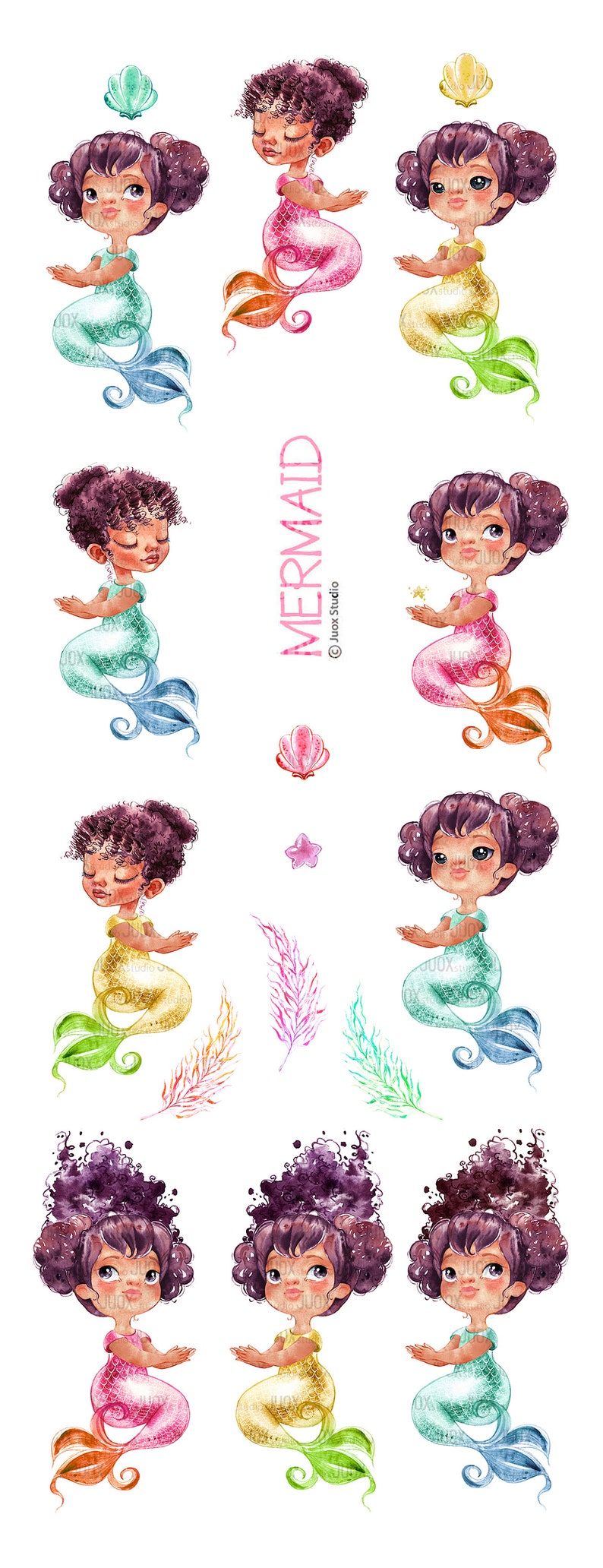 Maroon Hair Mermaids Clipart, Fairytale Princess, Watercolor Clipart ...