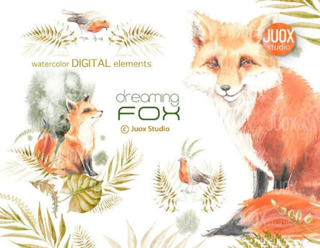 Dreaming Fox Watercolor Clipart, PNG, Fox, Birds, Artwork Digital File ...