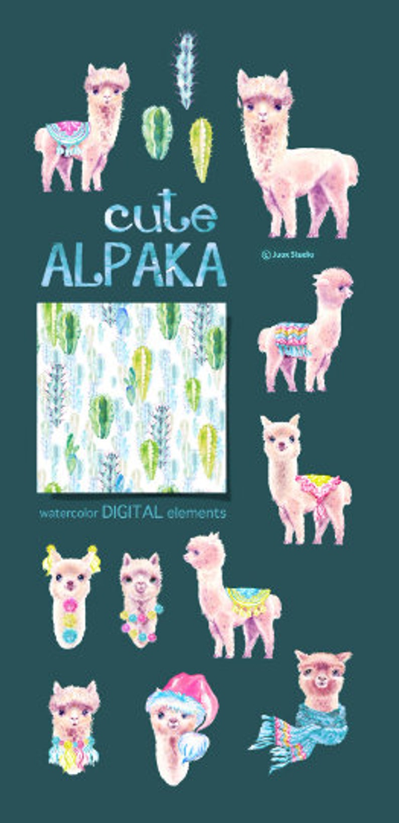 Cute Alpaca Clipart Watercolor Alpaca Cactus Holiday - Etsy