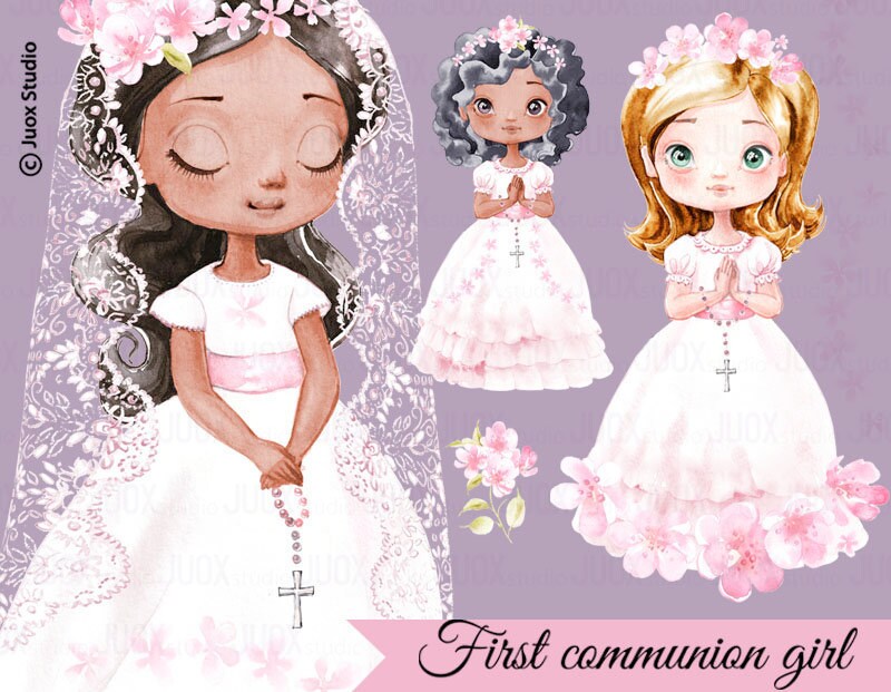 First Communion Girl, Watercolor Religious Clipart, Pink, Digital ...