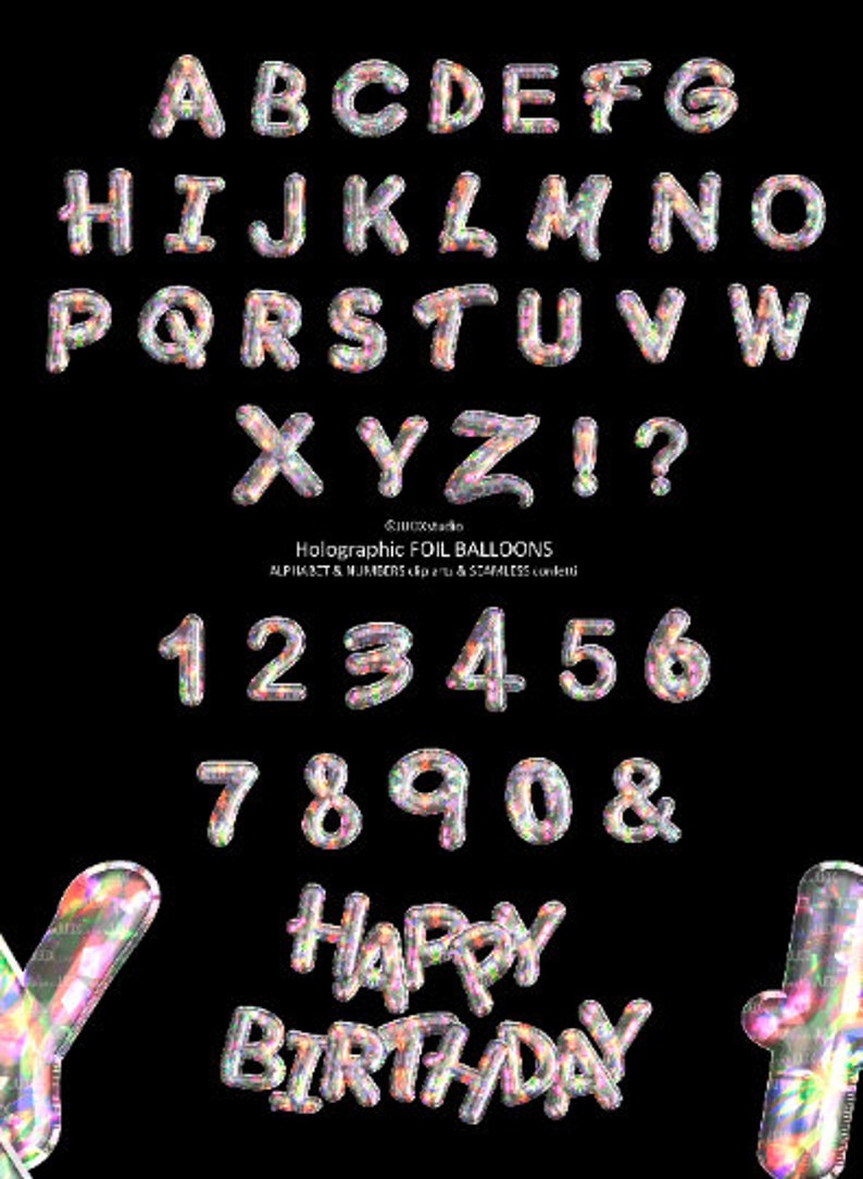 Holographic Foil Balloons Clipart Letters, Numbers, Alphabet, Seamless ...