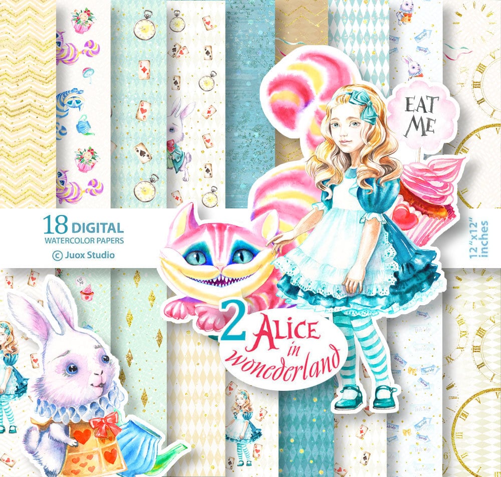 Alice 2 Paper Pack, Alice Digital Paper, Watercolor, Pink Blue Red ...