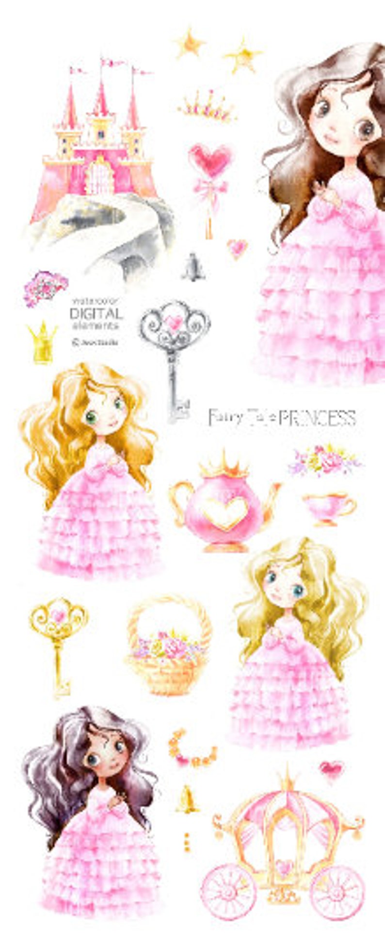 Fairy Tale Princess Watercolor Clipart Pink Carriage - Etsy
