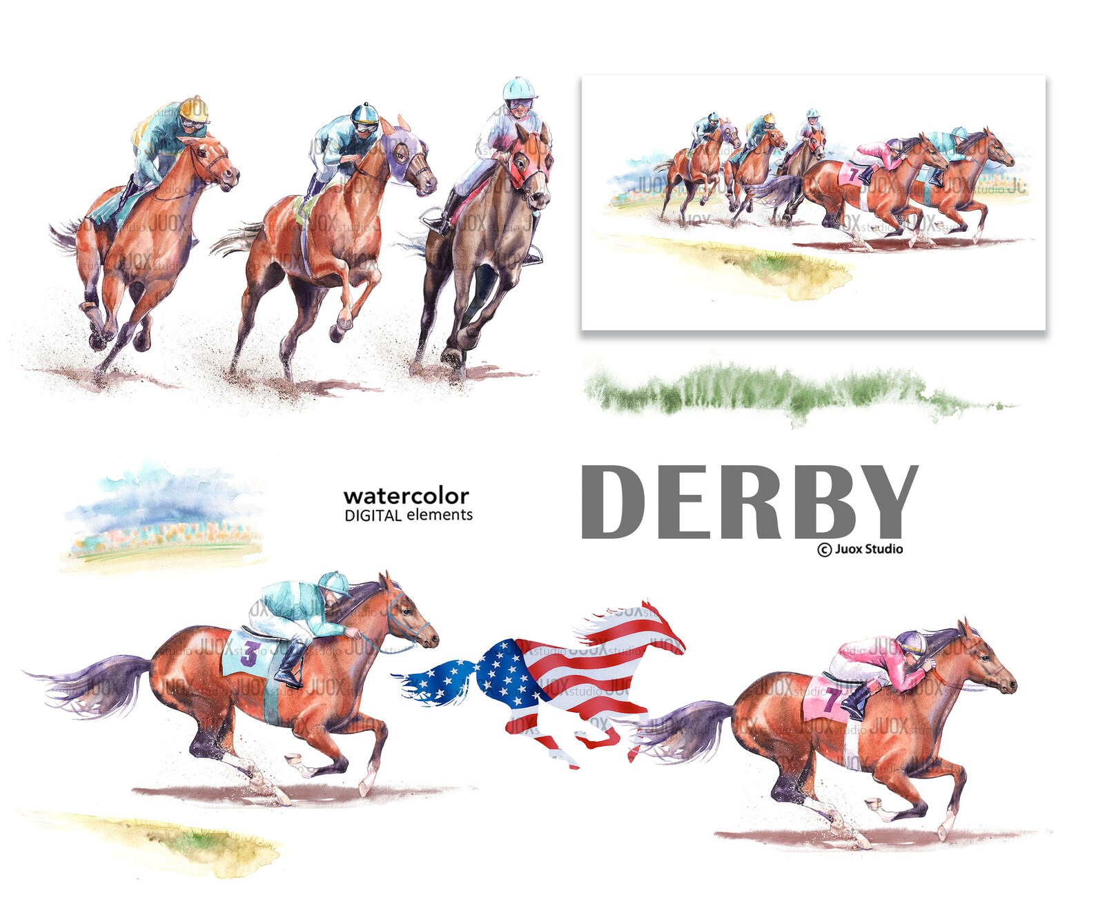 Derby Watercolor Painting Clipart, Stickers, Digital Elements, Horse ...
