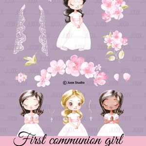 First Communion Girl, Watercolor Religious Clipart, Pink, Digital ...
