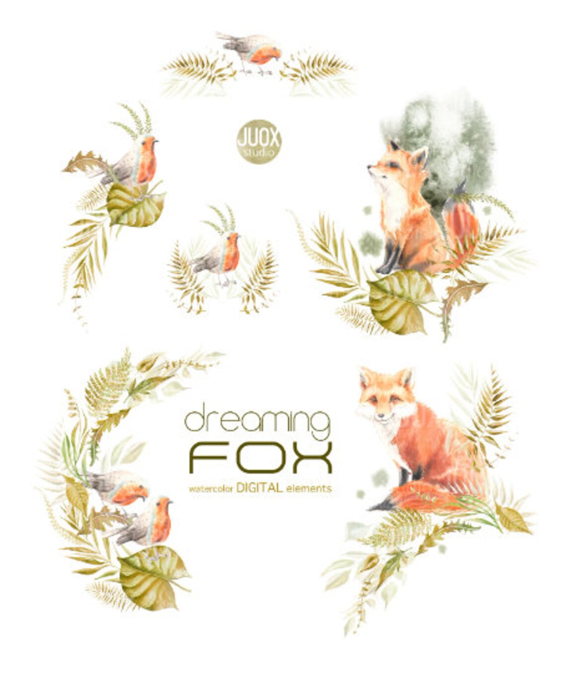 Dreaming Fox Watercolor Clipart, PNG, Fox, Birds, Artwork Digital File ...