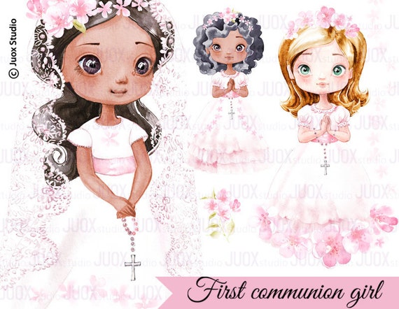 First Communion Girl Watercolor Religious Clipart Pink - Etsy