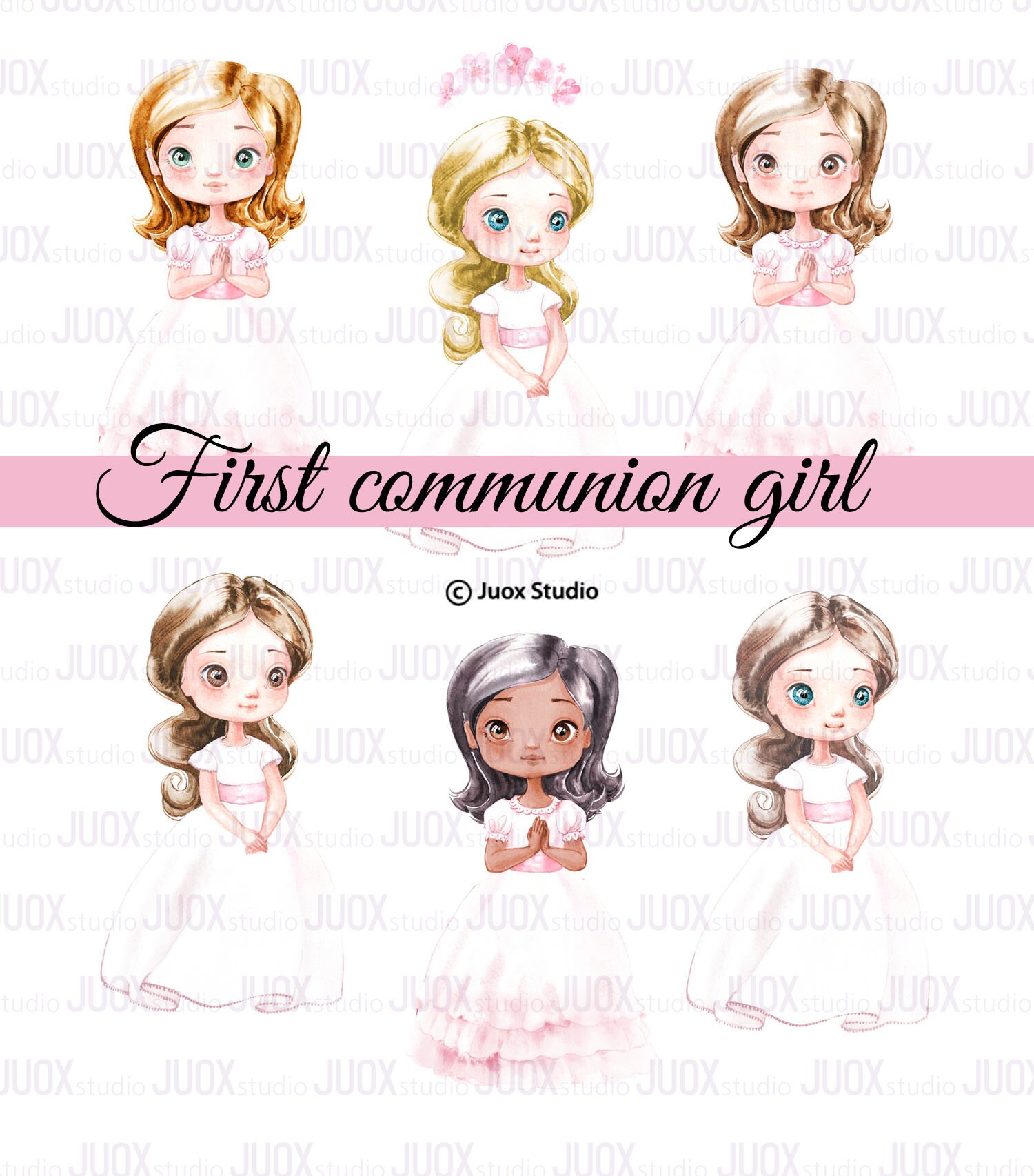 First Communion Girl, Watercolor Religious Clipart, Pink, Digital ...