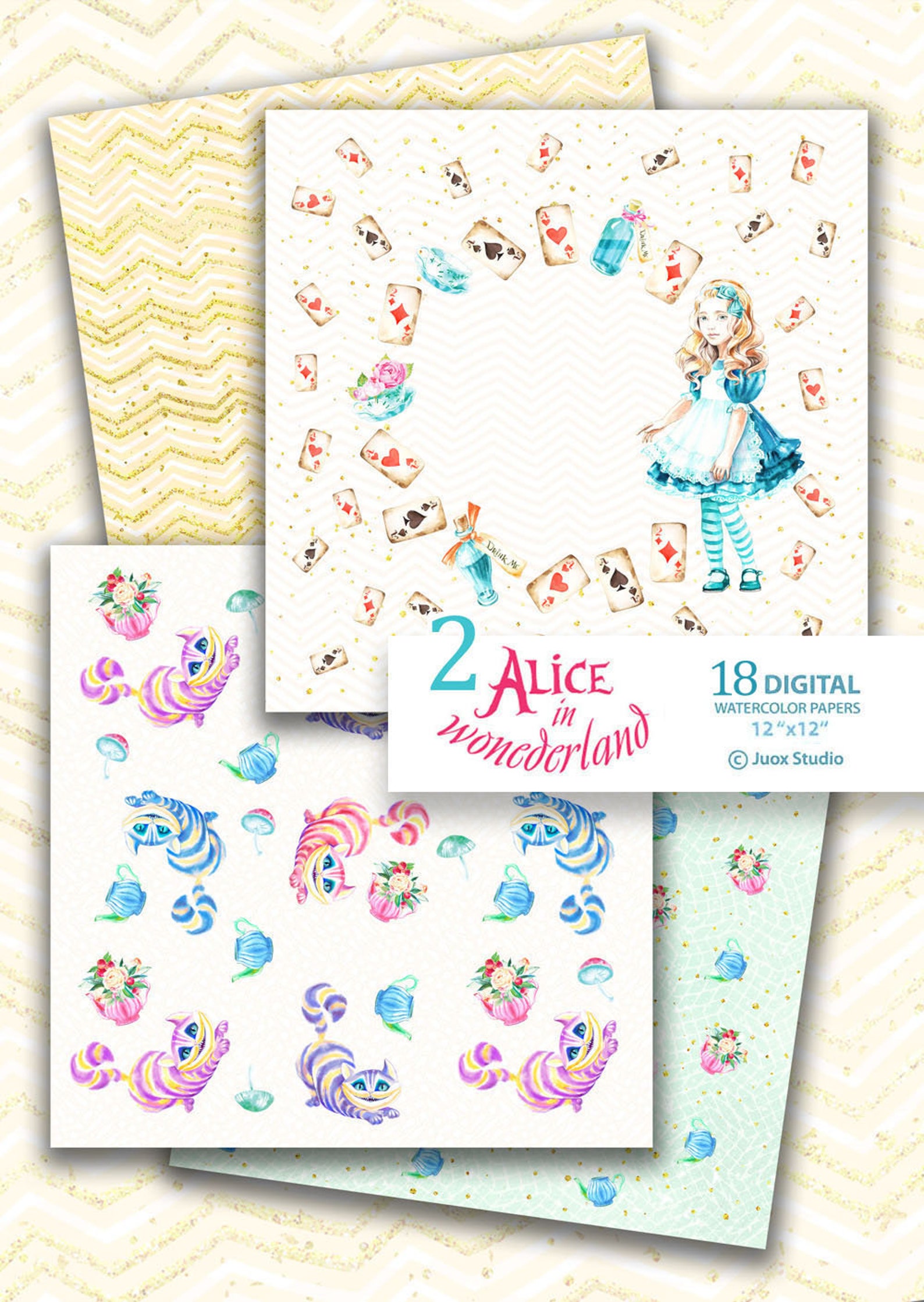 Alice 2 Paper Pack, Alice Digital Paper, Watercolor, Pink Blue Red ...