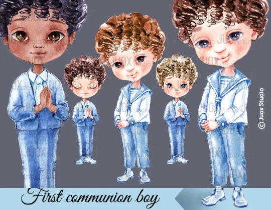 First Communion Boy, Watercolor Religious Clipart, Blue, Digital ...