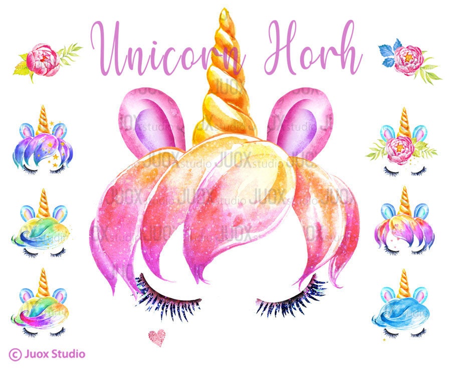 Unicorn Heads Watercolor Clipart, Stars, Unicorn Horn, Baby Shower - Etsy