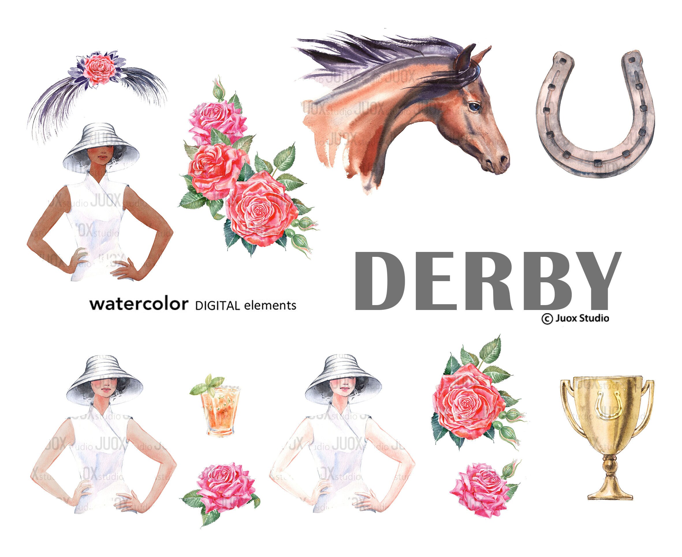 Derby Watercolor Painting Clipart, Stickers, Digital Elements, Horse ...