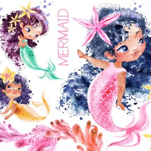Mermaids Clipart, Fairytale Princess, Watercolor Clipart, Digital ...