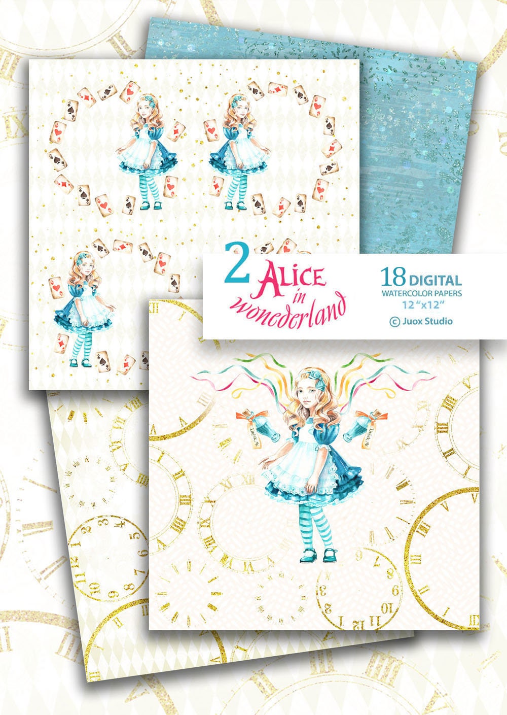 Alice 2 Paper Pack, Alice Digital Paper, Watercolor, Pink Blue Red ...